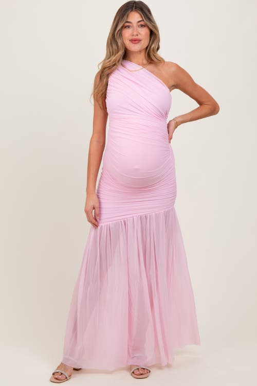 PINKBLUSH Ruched Mesh One Shoulder Maxi Dress